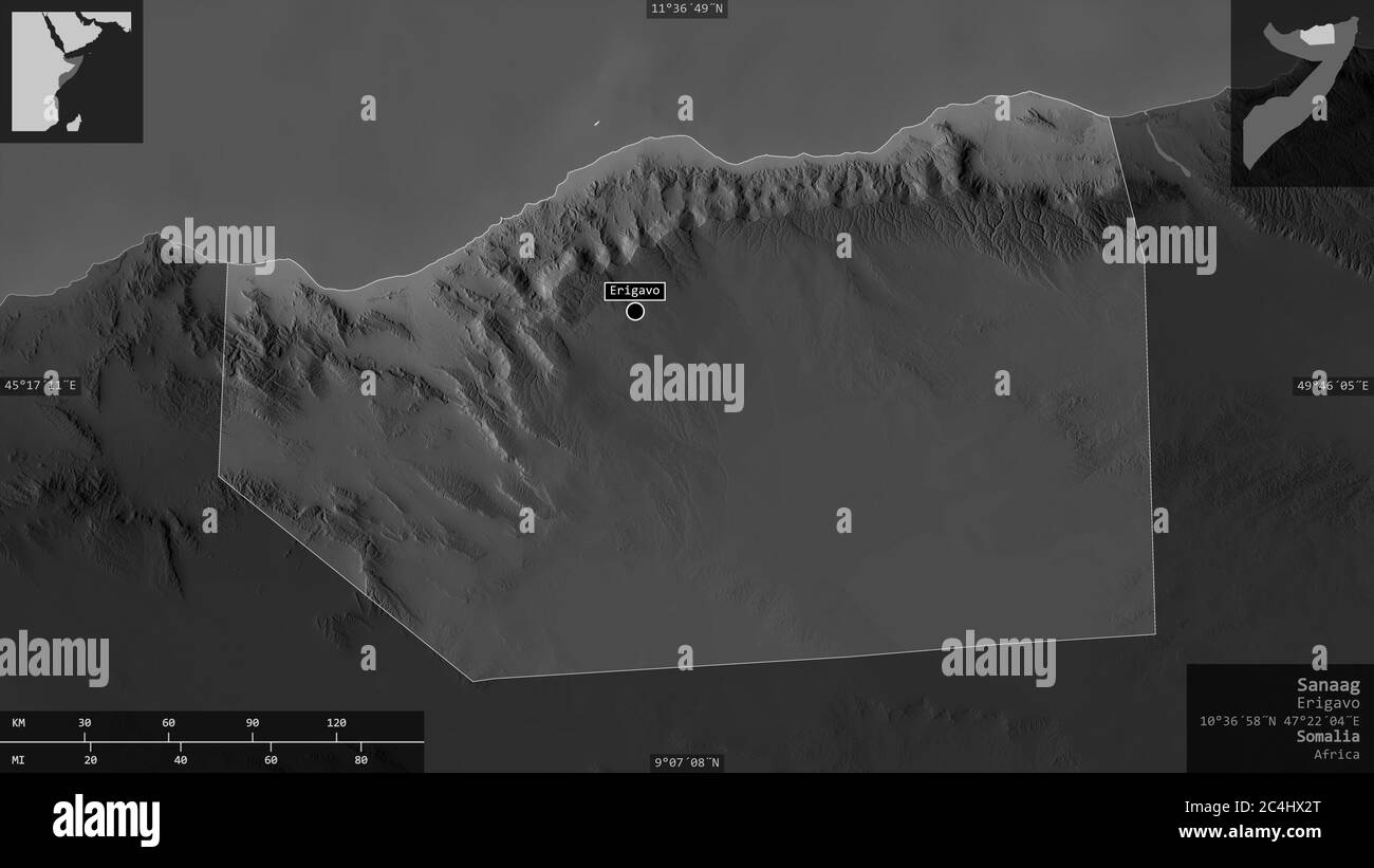 Sanaag, region of Somalia. Grayscaled map with lakes and rivers. Shape ...