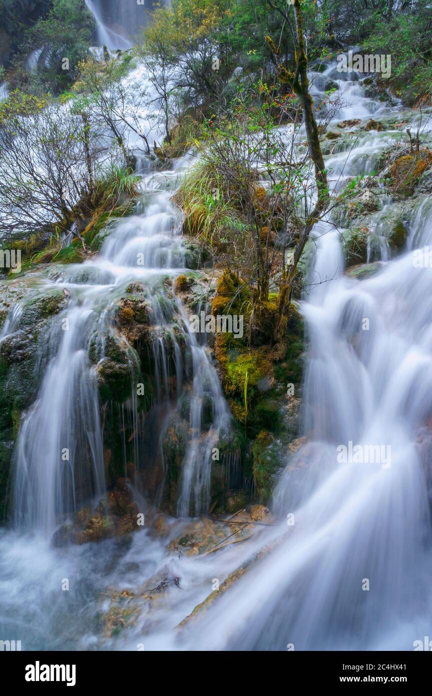 Beautiful and fresh scenery at waterfall with stacking cascade, green ...