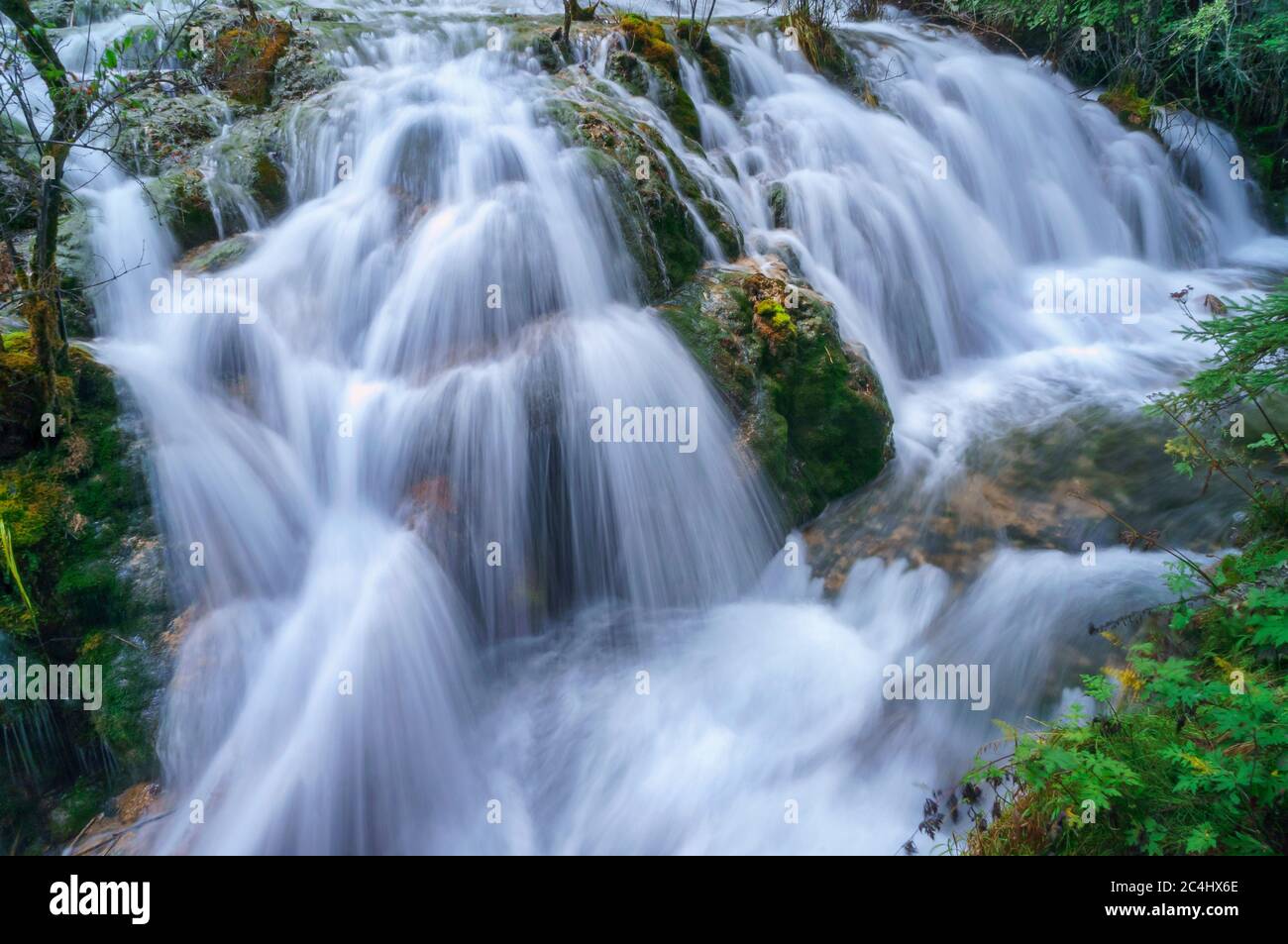 Beautiful and fresh scenery at waterfall with stacking cascade, green ...