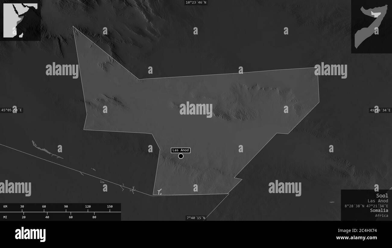 Sool, region of Somalia. Grayscaled map with lakes and rivers. Shape ...