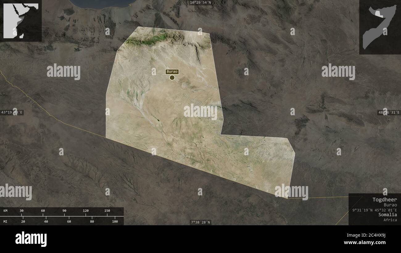 Togdheer, region of Somalia. Satellite imagery. Shape presented against ...