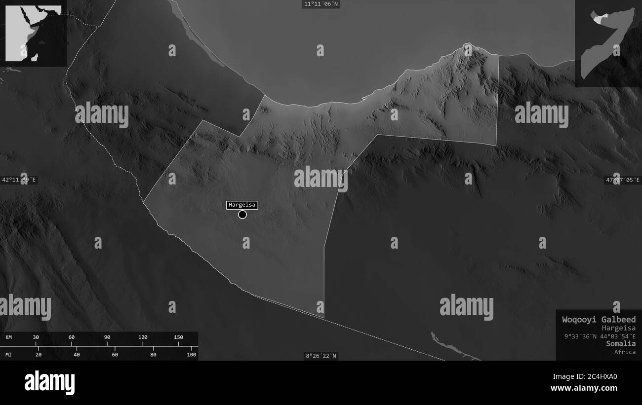 Woqooyi Galbeed, region of Somalia. Grayscaled map with lakes and ...
