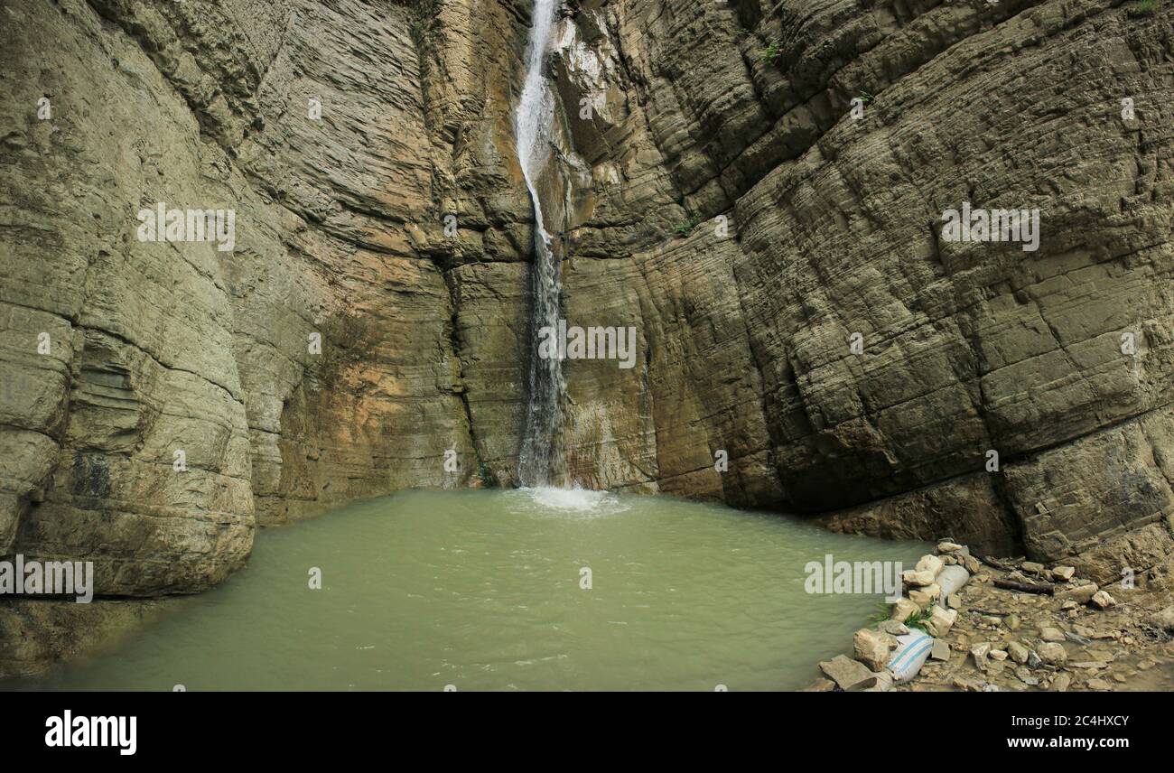 Azerbaijan. Beautiful waterfall high in the mountains. Guba district ...