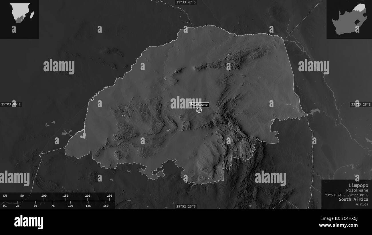 Limpopo, province of South Africa. Grayscaled map with lakes and rivers ...