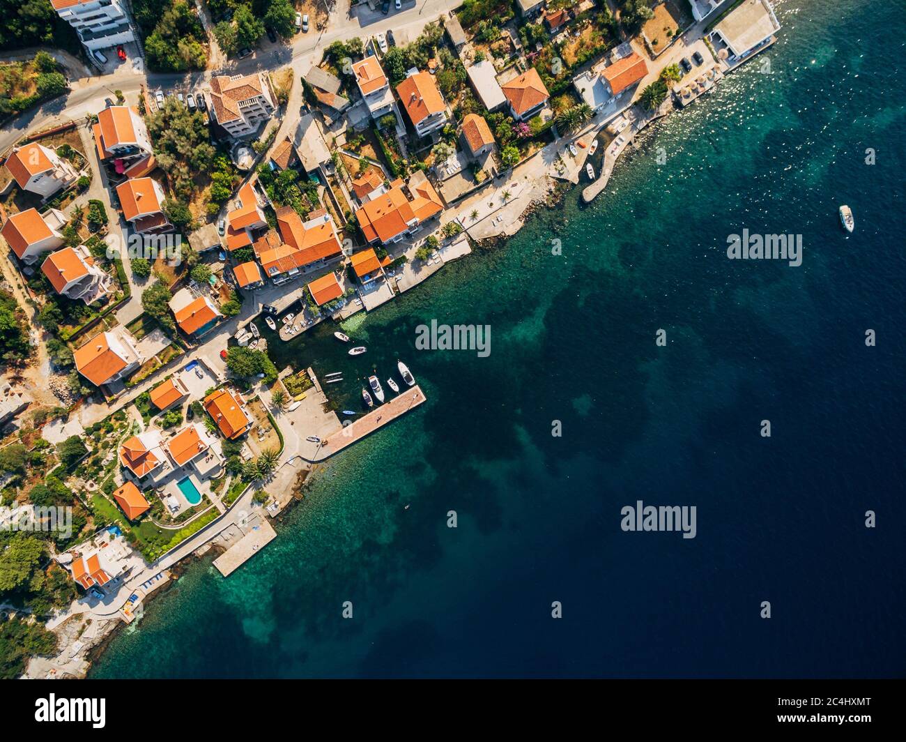 Aerial drone photo, top view - villas, houses and hotels on the beach ...