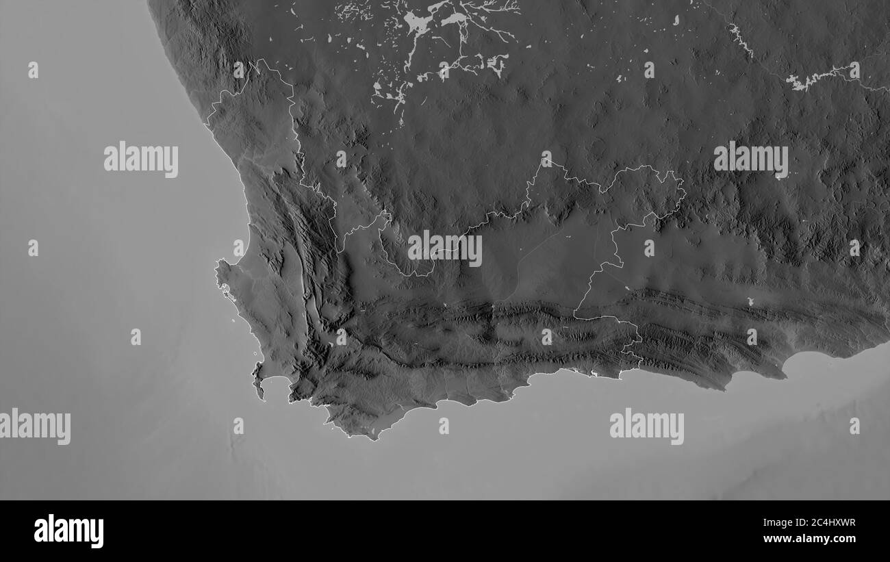 Western Cape, province of South Africa. Grayscaled map with lakes and ...