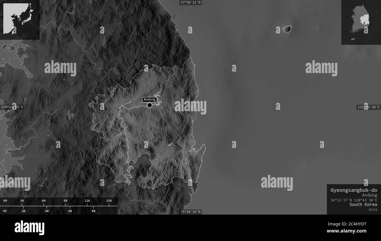 Gyeongsangbuk-do, province of South Korea. Grayscaled map with lakes ...