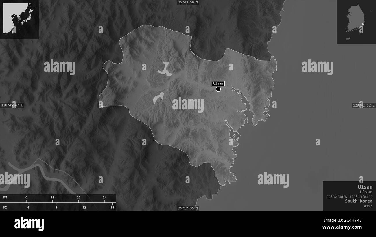Ulsan, metropolitan city of South Korea. Grayscaled map with lakes and ...