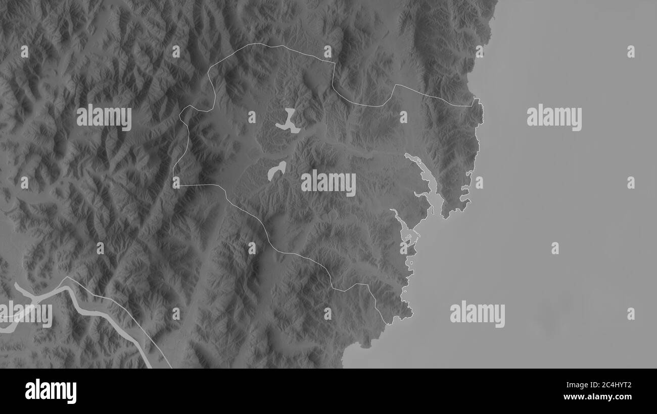 Ulsan, metropolitan city of South Korea. Grayscaled map with lakes and ...