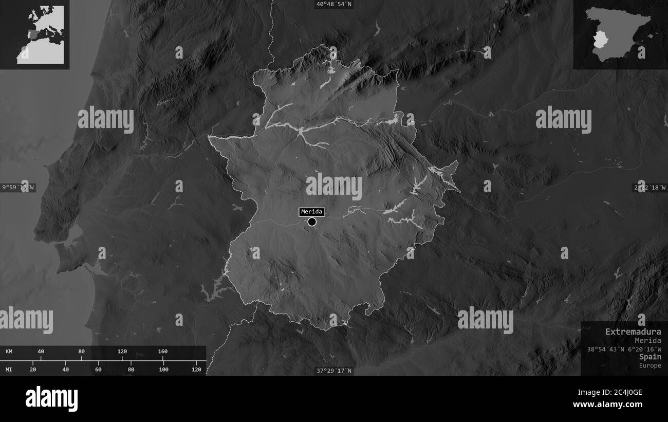 Extremadura, autonomous community of Spain. Grayscaled map with lakes and rivers. Shape ...