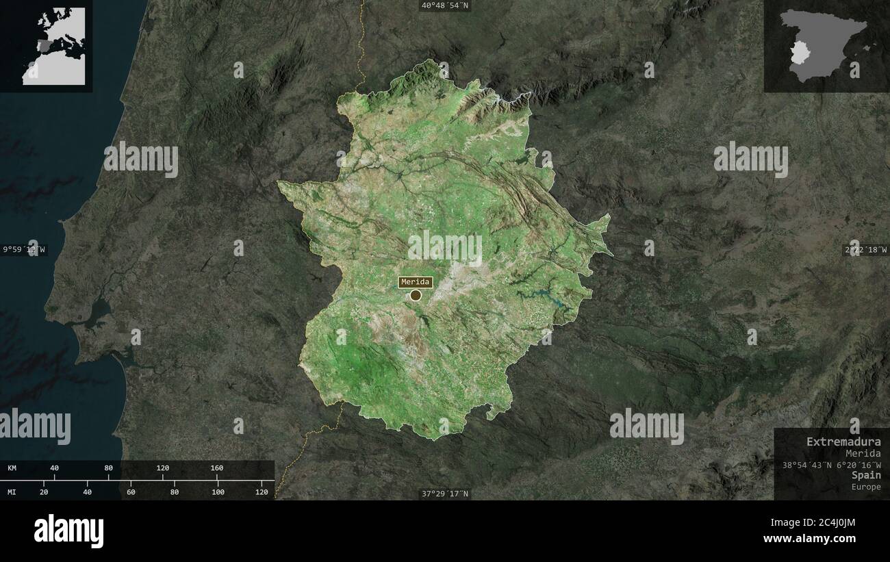 Extremadura, autonomous community of Spain. Satellite imagery. Shape presented against its ...