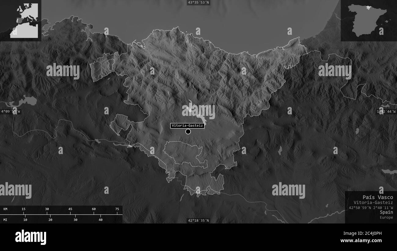 País Vasco, autonomous community of Spain. Grayscaled map with lakes ...