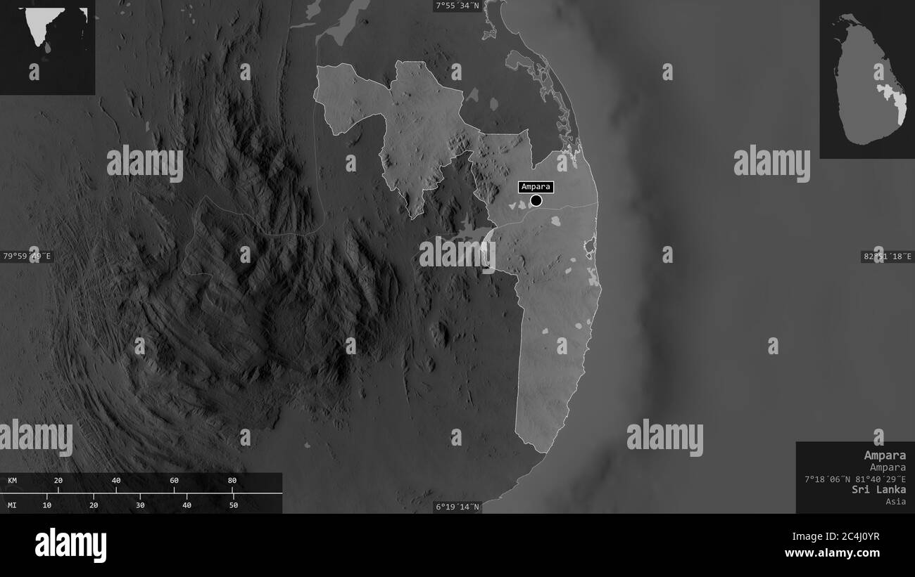 Ampara, district of Sri Lanka. Grayscaled map with lakes and rivers ...
