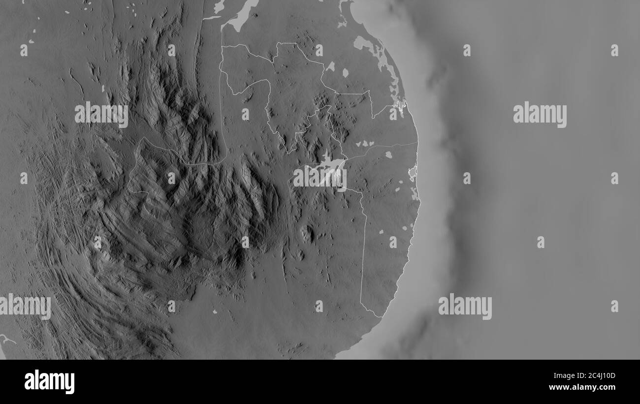 Ampara, district of Sri Lanka. Grayscaled map with lakes and rivers ...