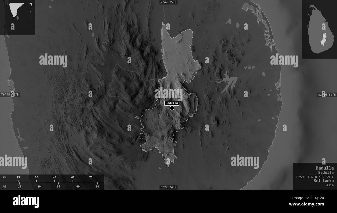 Badulla, district of Sri Lanka. Grayscaled map with lakes and rivers ...
