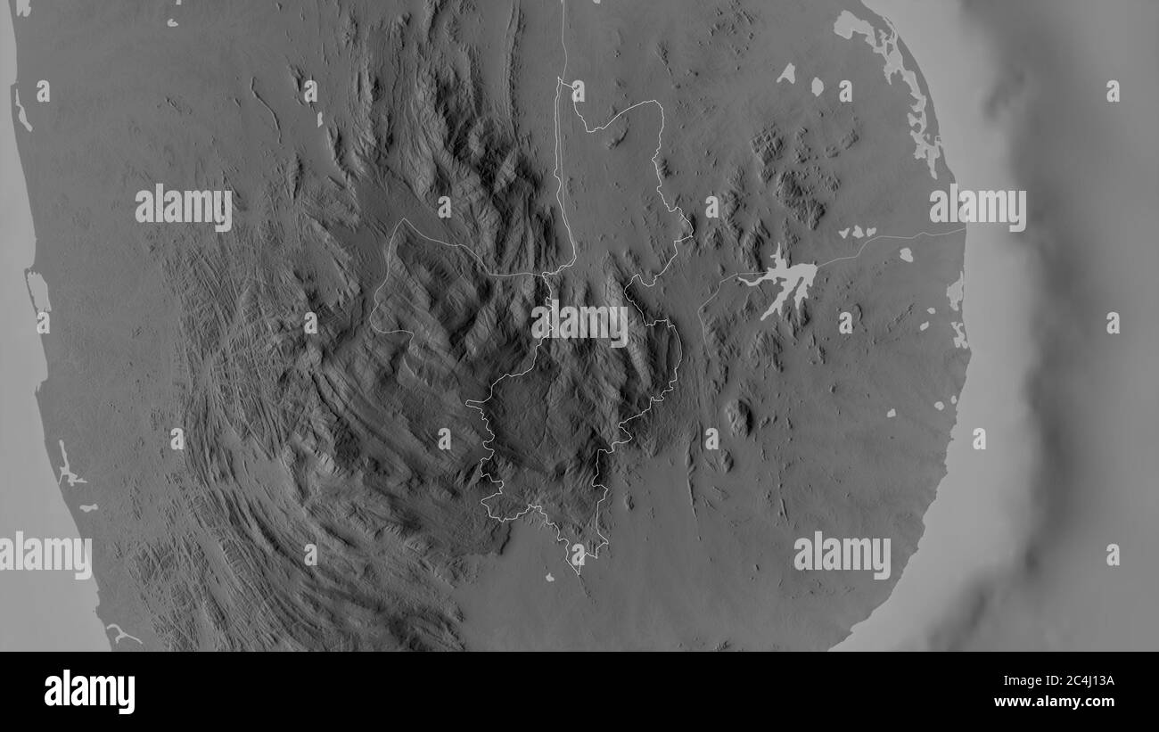 Badulla, district of Sri Lanka. Grayscaled map with lakes and rivers ...
