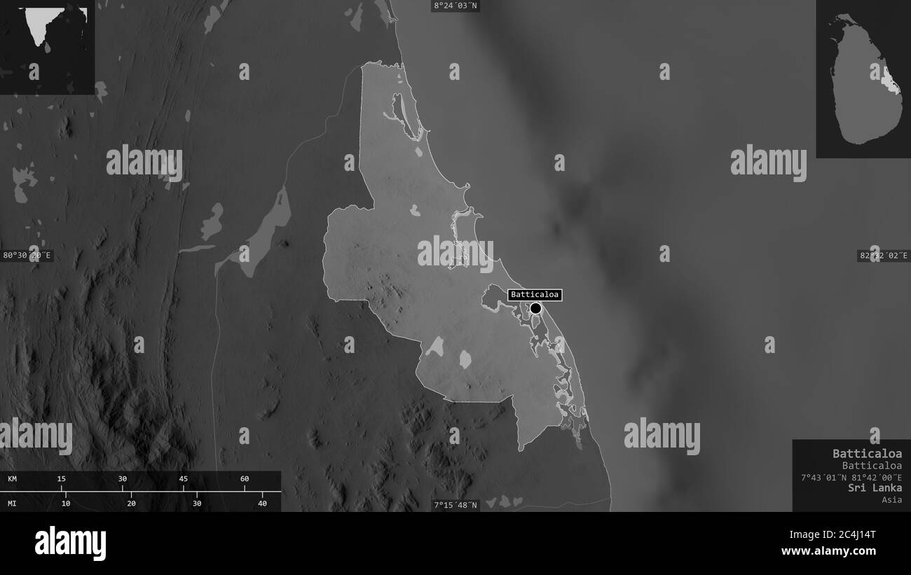 Batticaloa, district of Sri Lanka. Grayscaled map with lakes and rivers ...