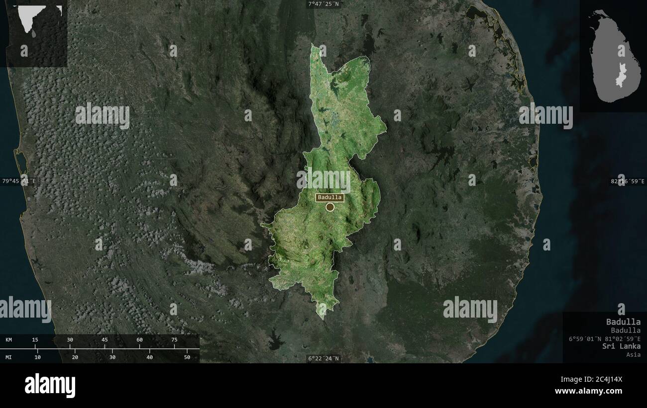 Badulla, district of Sri Lanka. Satellite imagery. Shape presented ...