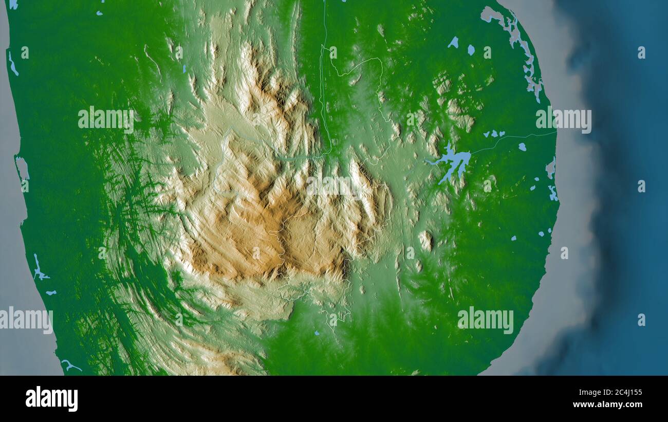 Badulla, district of Sri Lanka. Colored shader data with lakes and ...