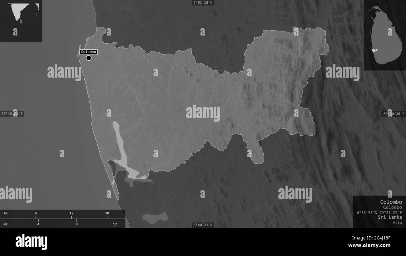 Colombo, district of Sri Lanka. Grayscaled map with lakes and rivers ...