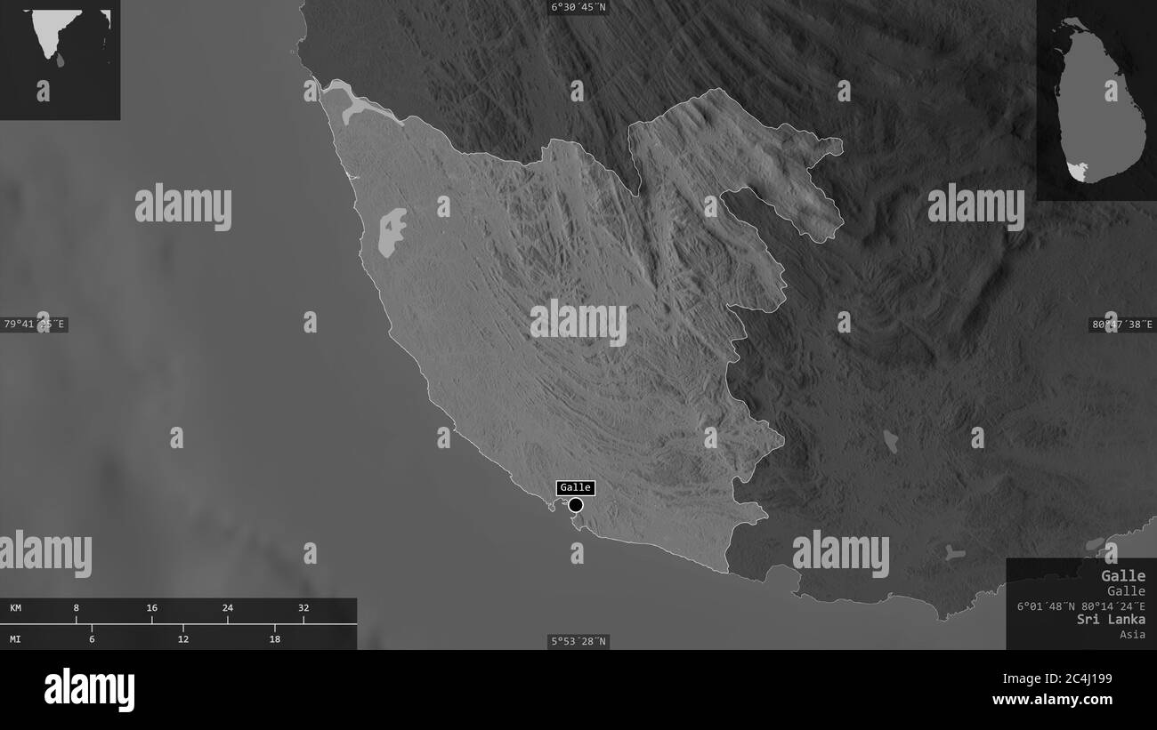 Galle, district of Sri Lanka. Grayscaled map with lakes and rivers ...