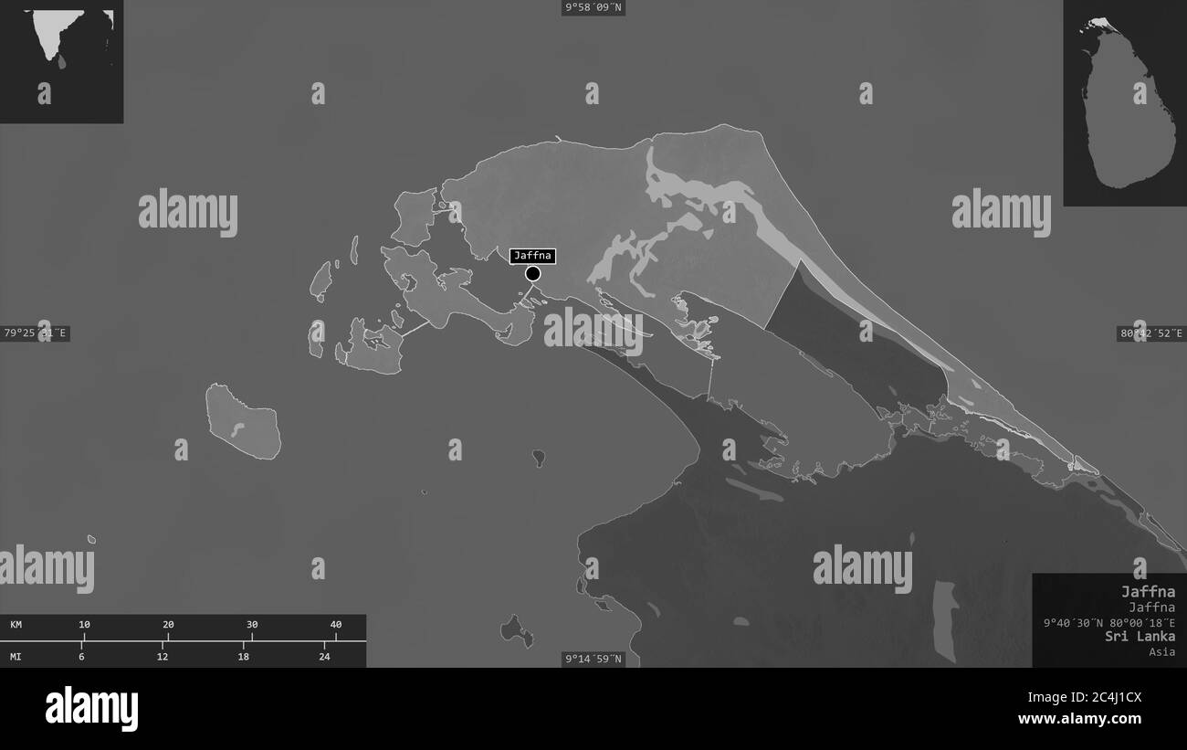 Jaffna, district of Sri Lanka. Grayscaled map with lakes and rivers ...