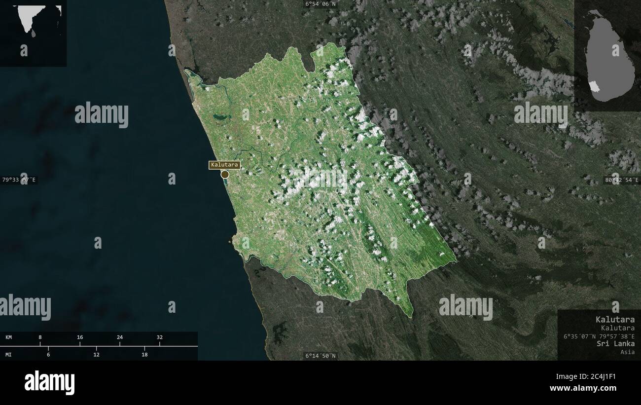 Kalutara, district of Sri Lanka. Satellite imagery. Shape presented ...