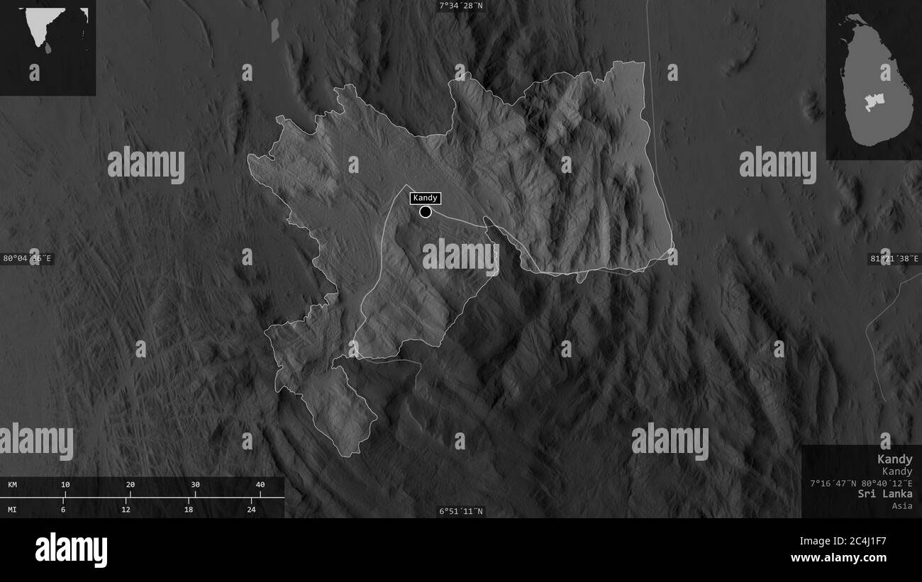 Kandy, district of Sri Lanka. Grayscaled map with lakes and rivers ...