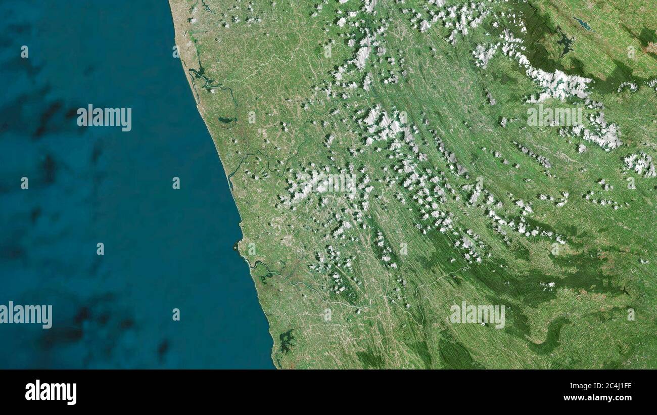 Kalutara, district of Sri Lanka. Satellite imagery. Shape outlined ...