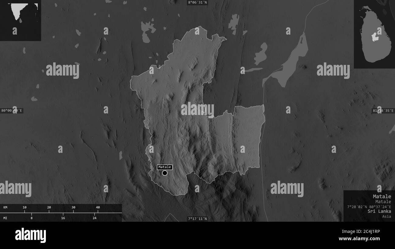Matale, district of Sri Lanka. Grayscaled map with lakes and rivers ...