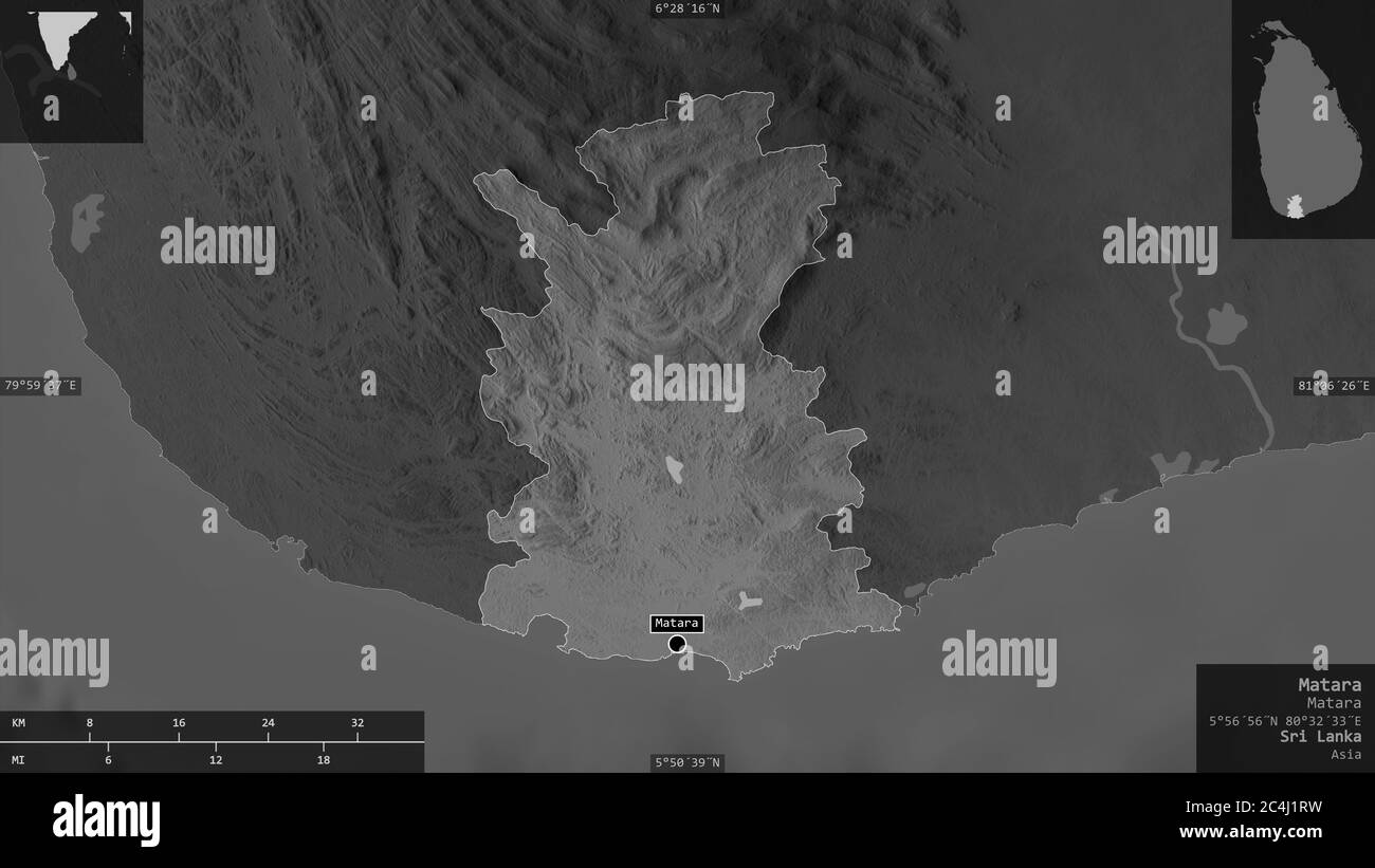 Matara, district of Sri Lanka. Grayscaled map with lakes and rivers ...