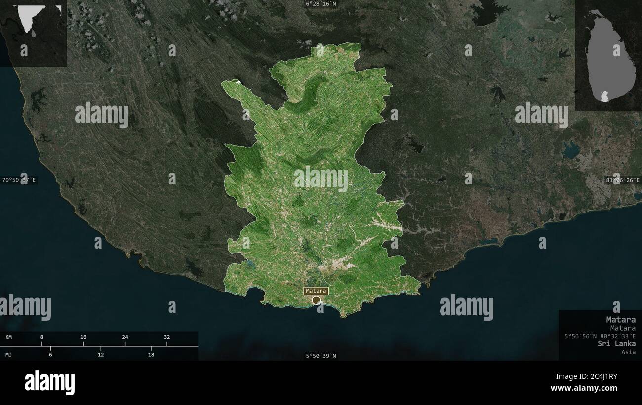 Matara, district of Sri Lanka. Satellite imagery. Shape presented ...