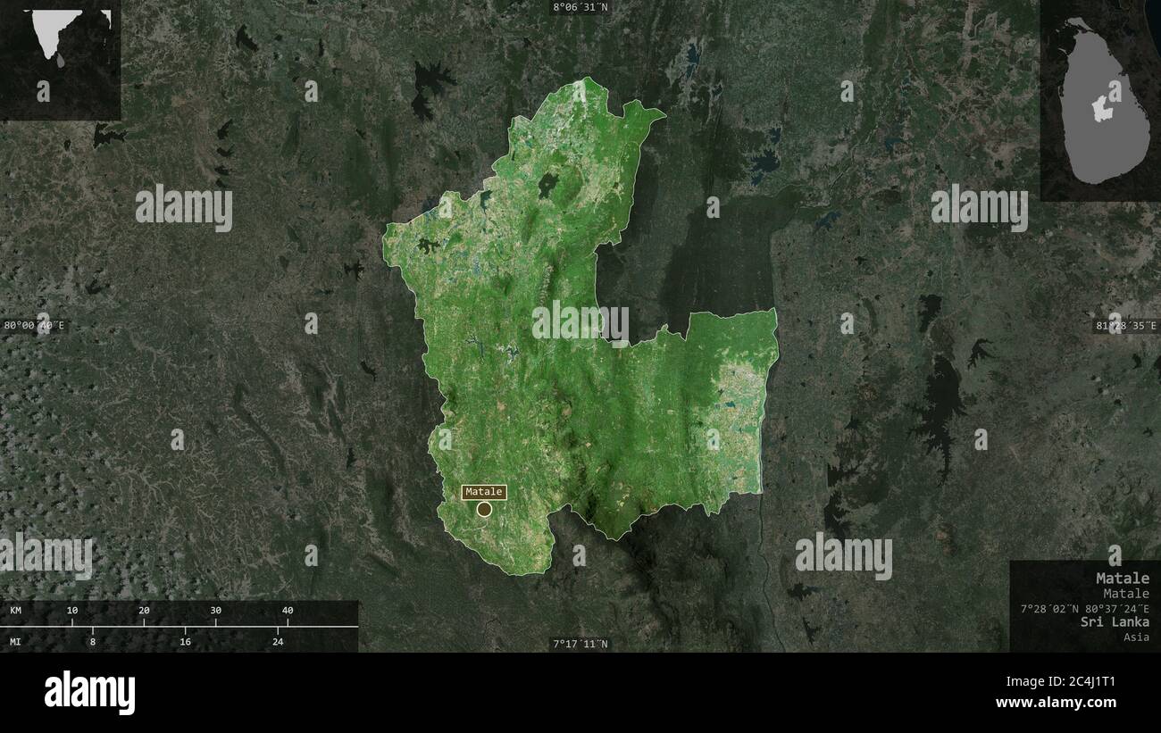 Matale, district of Sri Lanka. Satellite imagery. Shape presented ...