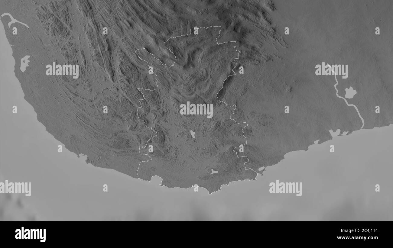 Matara, district of Sri Lanka. Grayscaled map with lakes and rivers ...