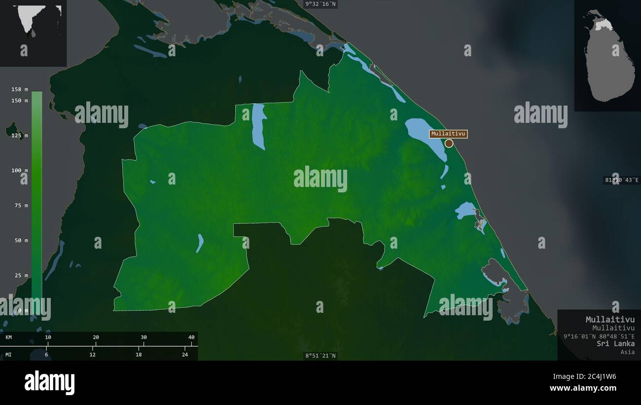 Mullaitivu, district of Sri Lanka. Colored shader data with lakes and ...