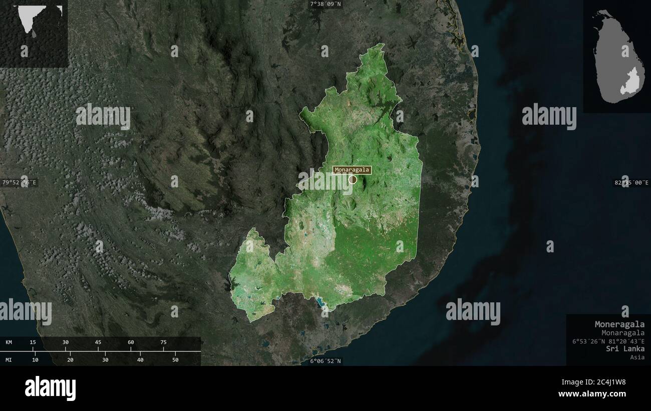 Moneragala, district of Sri Lanka. Satellite imagery. Shape presented ...