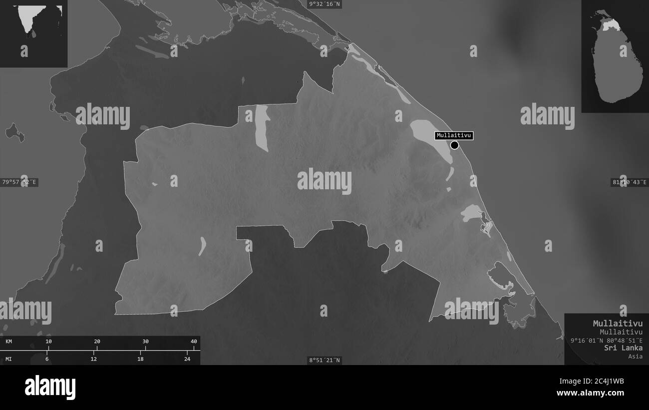 Mullaitivu, district of Sri Lanka. Grayscaled map with lakes and rivers ...