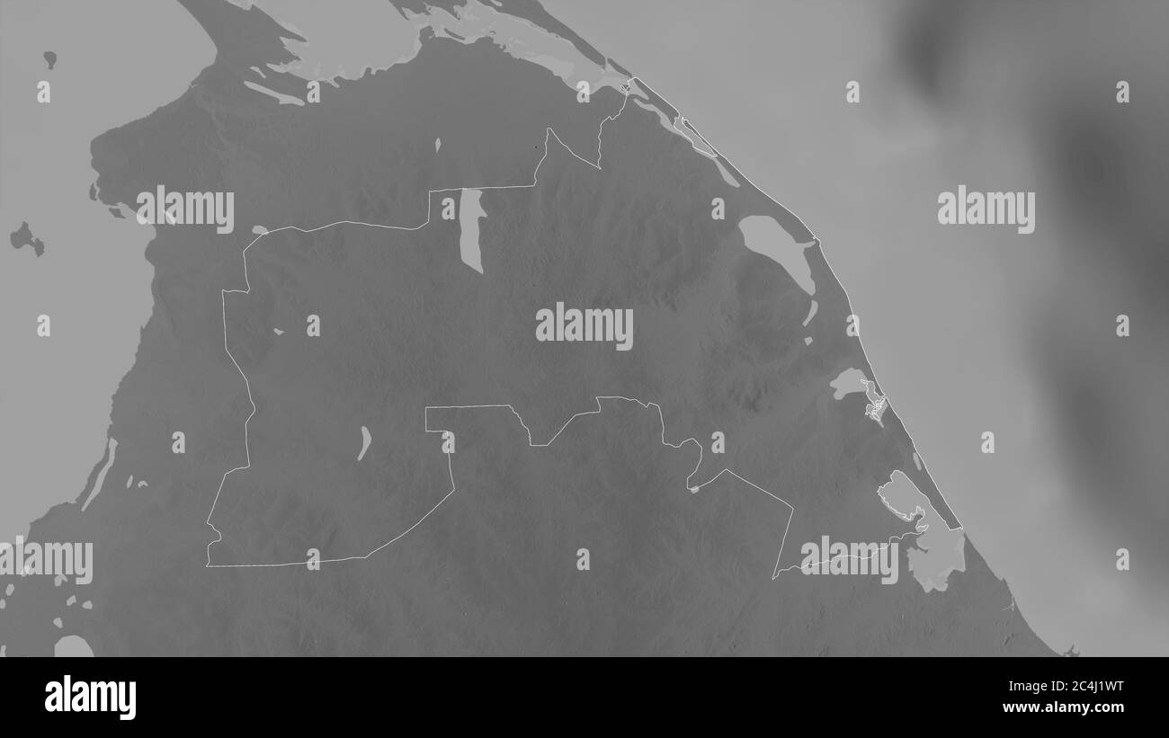 Mullaitivu, district of Sri Lanka. Grayscaled map with lakes and rivers ...