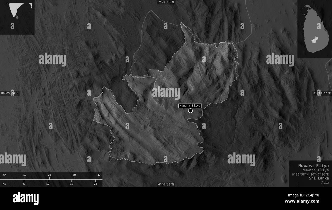 Nuwara Eliya, district of Sri Lanka. Grayscaled map with lakes and ...