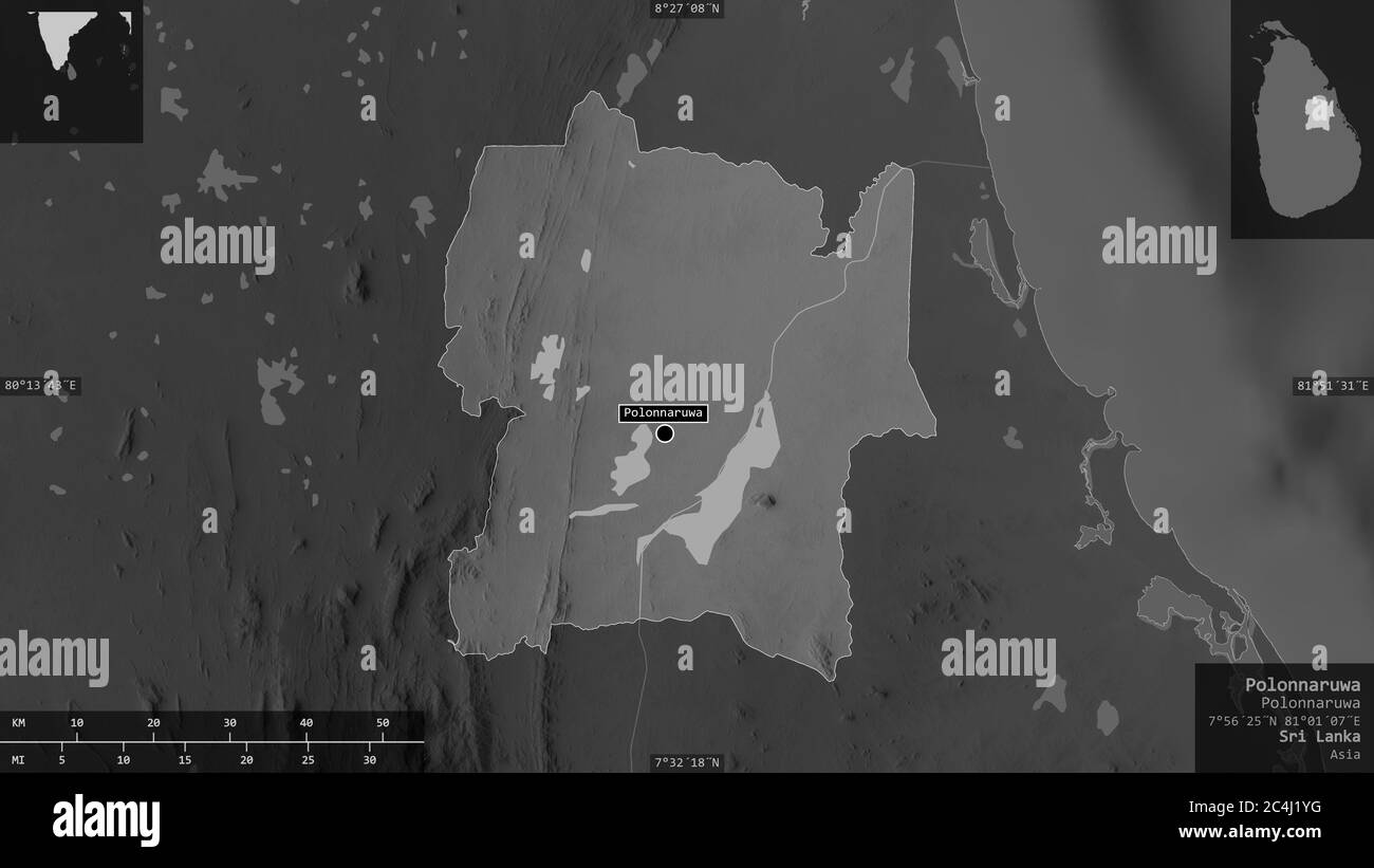 Polonnaruwa, district of Sri Lanka. Grayscaled map with lakes and ...