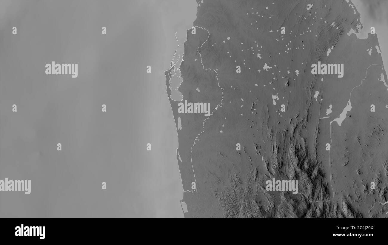 Puttalam, district of Sri Lanka. Grayscaled map with lakes and rivers ...
