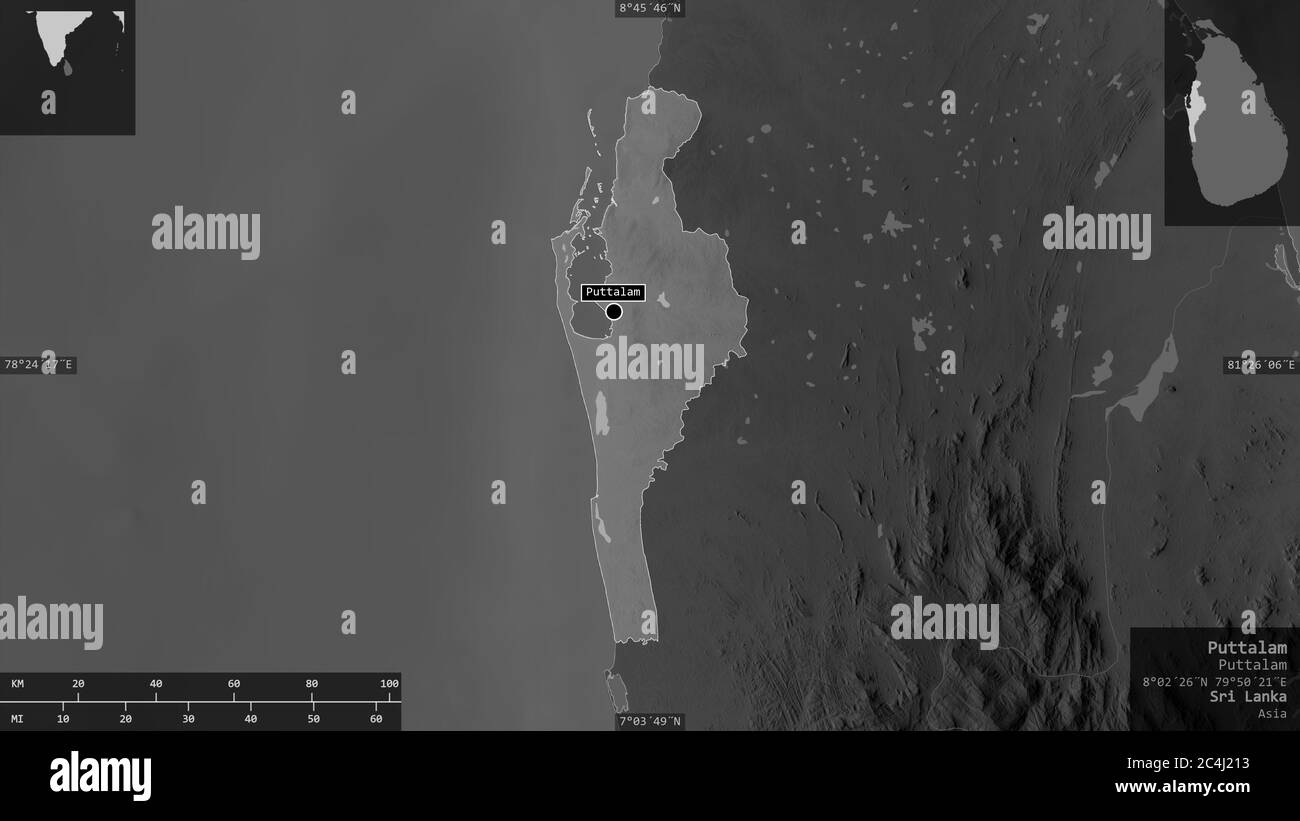 Puttalam, district of Sri Lanka. Grayscaled map with lakes and rivers ...