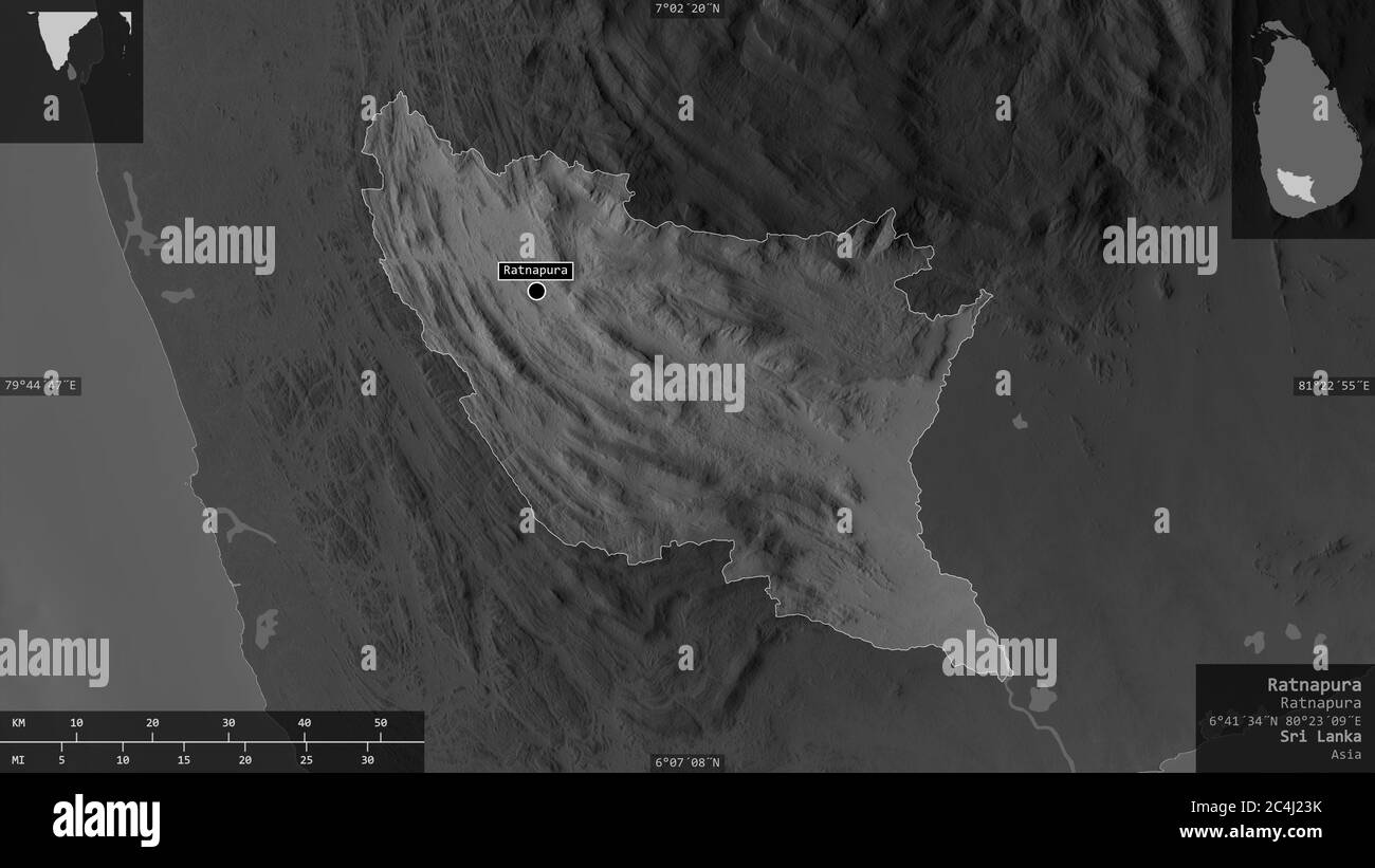 Ratnapura, district of Sri Lanka. Grayscaled map with lakes and rivers ...
