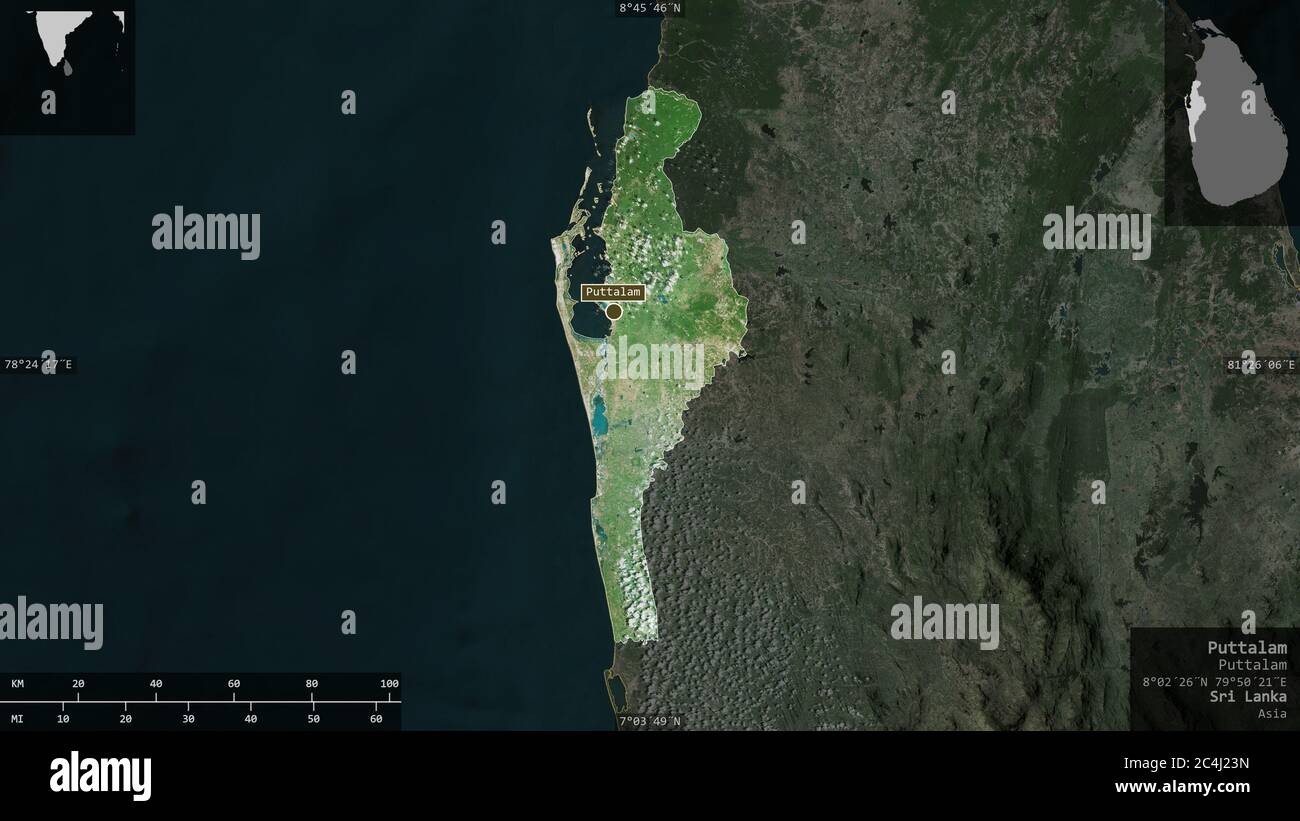 Puttalam, district of Sri Lanka. Satellite imagery. Shape presented ...