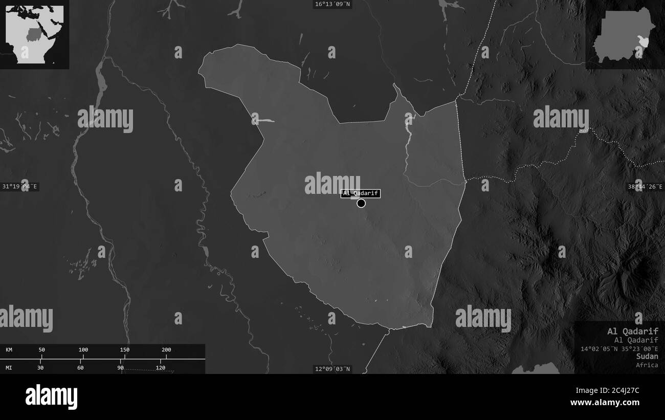 Al Qadarif, state of Sudan. Grayscaled map with lakes and rivers. Shape ...