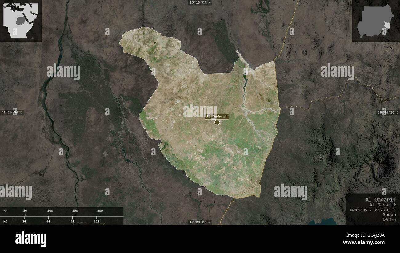Al Qadarif, state of Sudan. Satellite imagery. Shape presented against ...