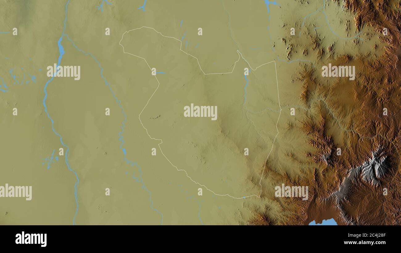 Al Qadarif, state of Sudan. Colored relief with lakes and rivers. Shape ...