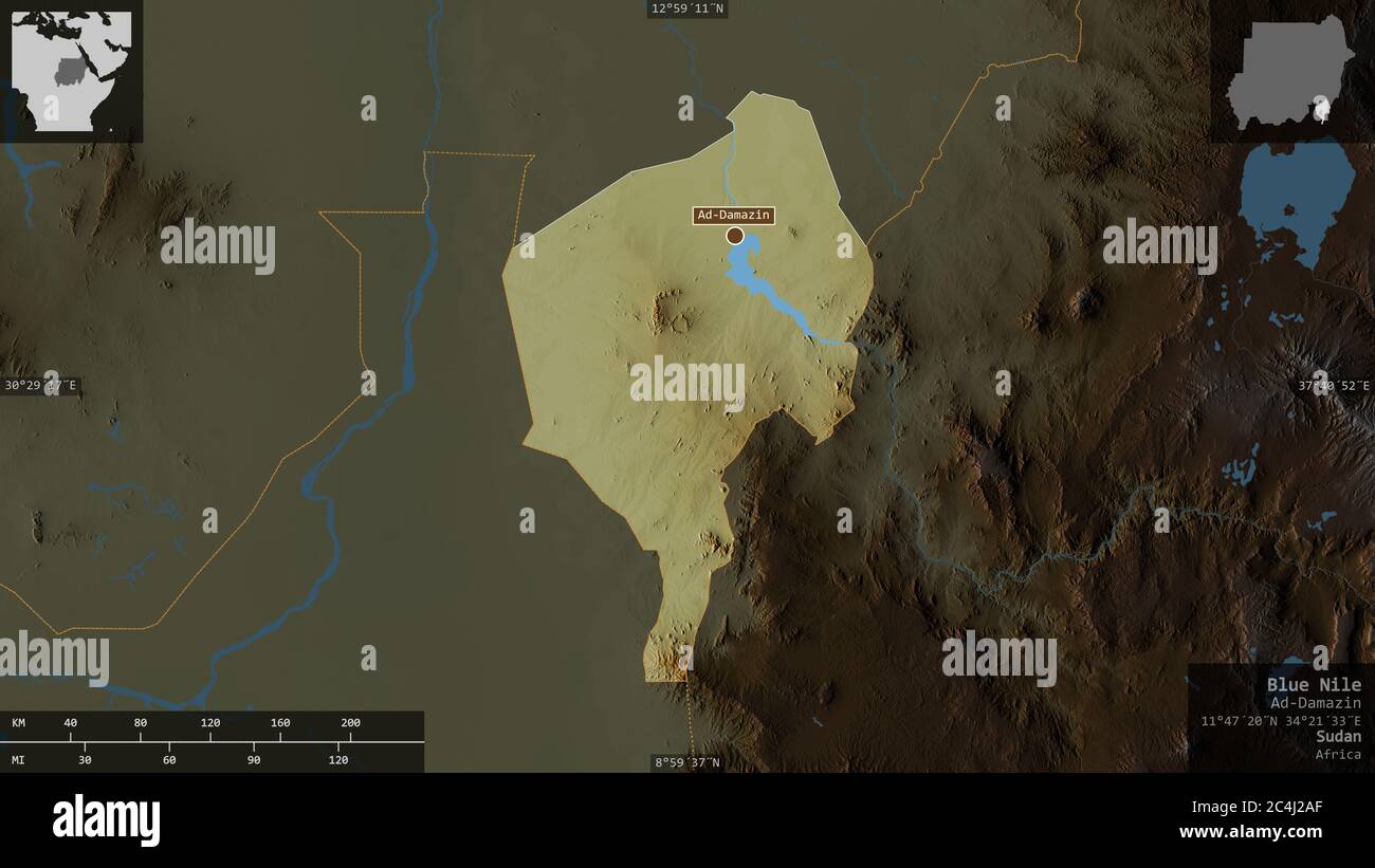 Blue Nile, state of Sudan. Colored relief with lakes and rivers. Shape ...