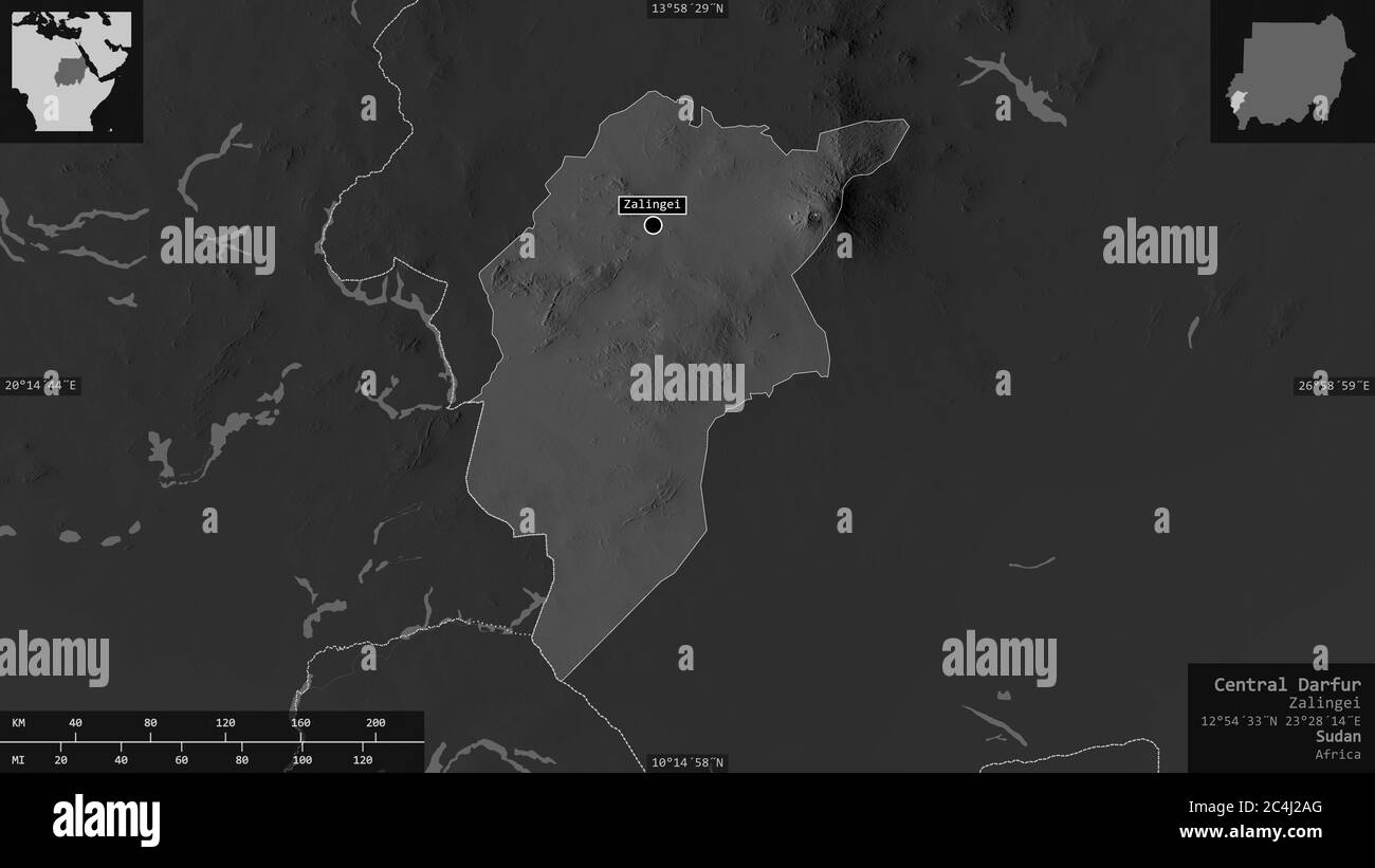 Central Darfur, state of Sudan. Grayscaled map with lakes and rivers ...