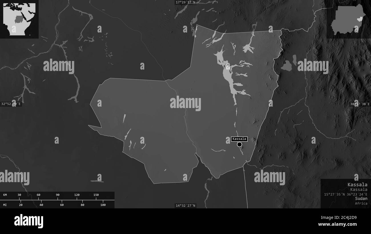Kassala, state of Sudan. Grayscaled map with lakes and rivers. Shape ...